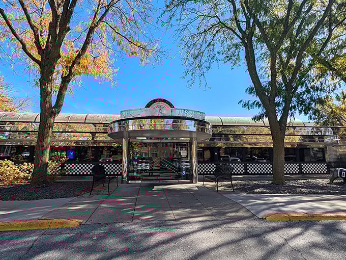 Classic chrome and curves - this diner's exterior promises the kind of breakfast that built America's heartland.