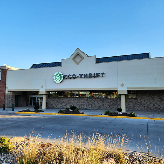 The clean, modern exterior of Eco-Thrift beckons with its green logo&mdash;a treasure cave disguised as a strip mall storefront.