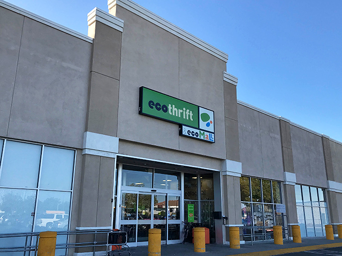 Look at that pristine storefront - Eco Thrift's green sign promises treasures waiting inside those gleaming windows.