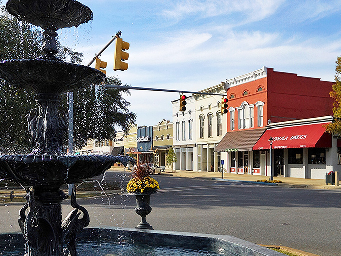 Downtown Eufaula's historic fountain stands like a graceful centerpiece, where Southern charm meets timeless elegance.
