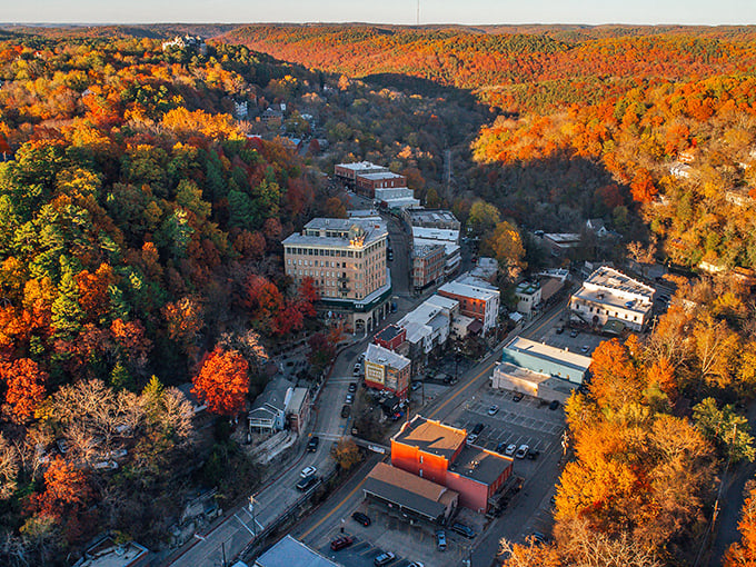 Fall colors paint Eureka Springs like nature's own Norman Rockwell masterpiece, nestled perfectly in Arkansas hills.
