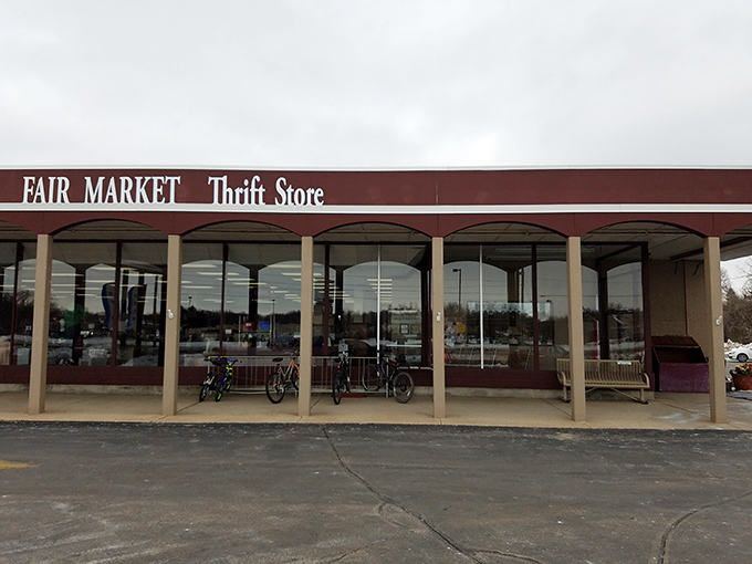 The unassuming storefront of Fair Market Thrift Store - where budget-friendly fashion dreams come true in Appleton.