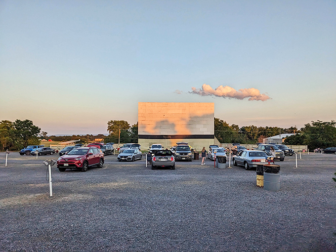 Cars lined up at twilight at the Family Drive-In Theatre. That magical moment when the screen glows and childhood memories come rushing back.