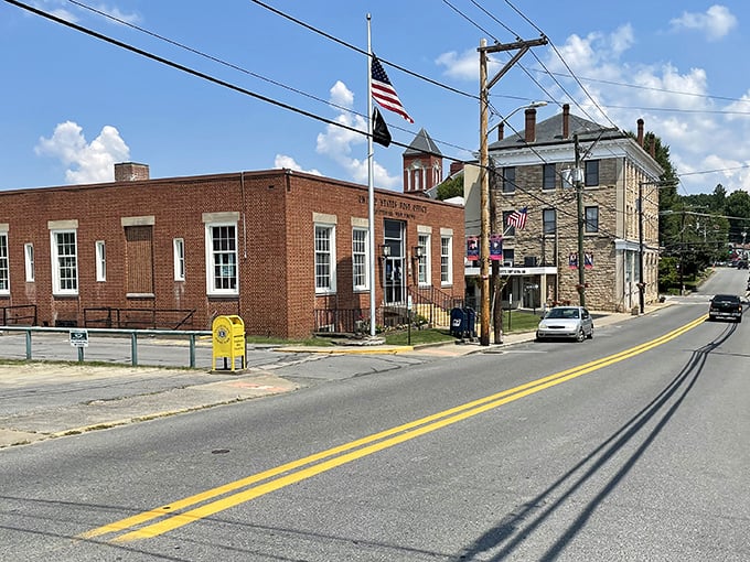 Small town Americana at its finest! Fayetteville's historic post office and stone buildings stand proudly under blue skies, like a Norman Rockwell painting come to life.