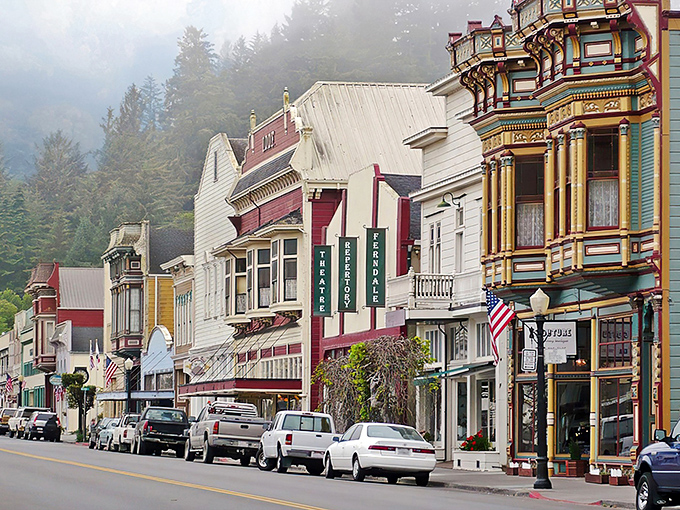 Victorian houses line Ferndale's streets like colorful birthday cakes from a bygone era.