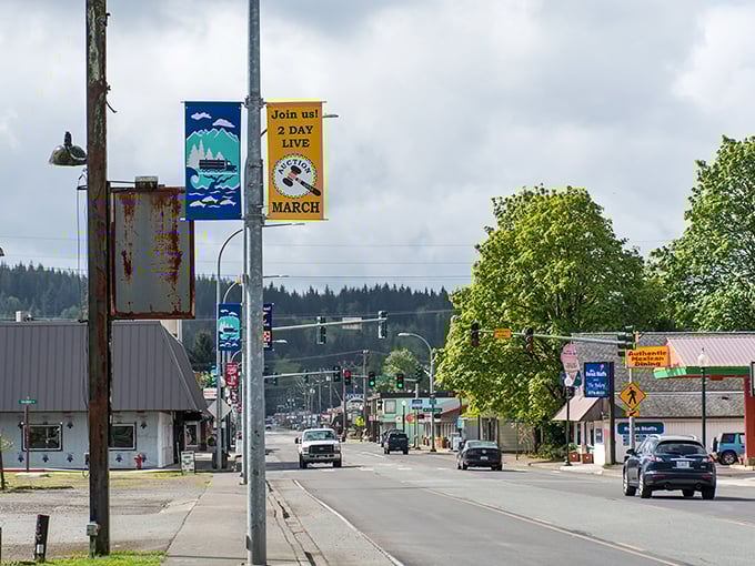 Forks: where Twilight fans meet loggers under misty skies! Even the street banners whisper of Pacific Northwest magic.