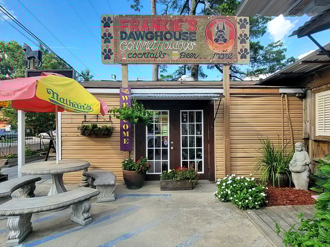 The wooden sign and cozy porch promise gourmet hot dogs that'll make your taste buds throw a party!