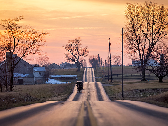 Sunset magic on an Amish country road, where the only traffic jam involves a horse taking its sweet time.