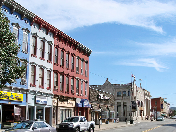 Honesdale's colorful downtown looks like a Norman Rockwell painting came to life, with historic buildings standing proud against a perfect blue sky.