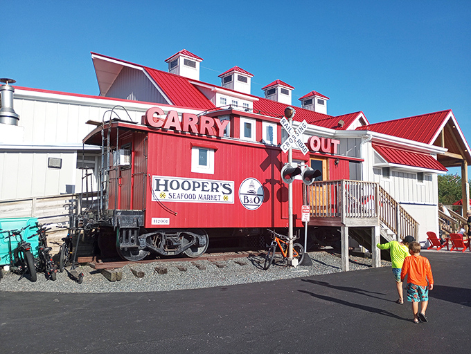 Hooper's Crab House: All aboard the flavor train! This red caboose entrance promises seafood adventures that are definitely on the right track.