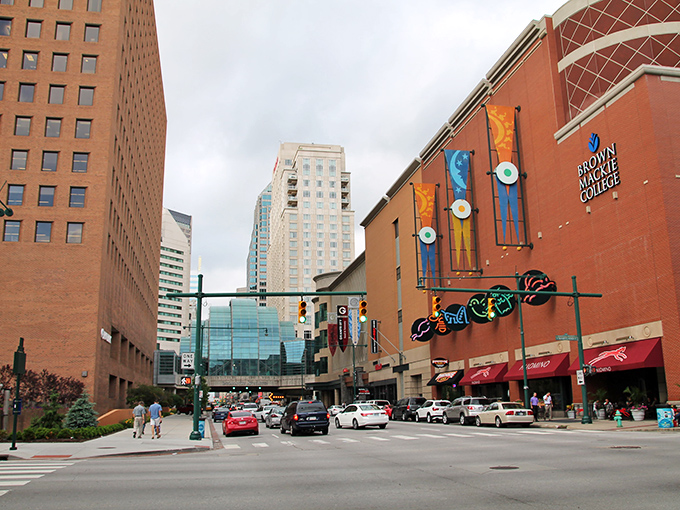 Downtown Indianapolis sparkles with urban charm, where historic architecture meets modern city life on these bustling streets.