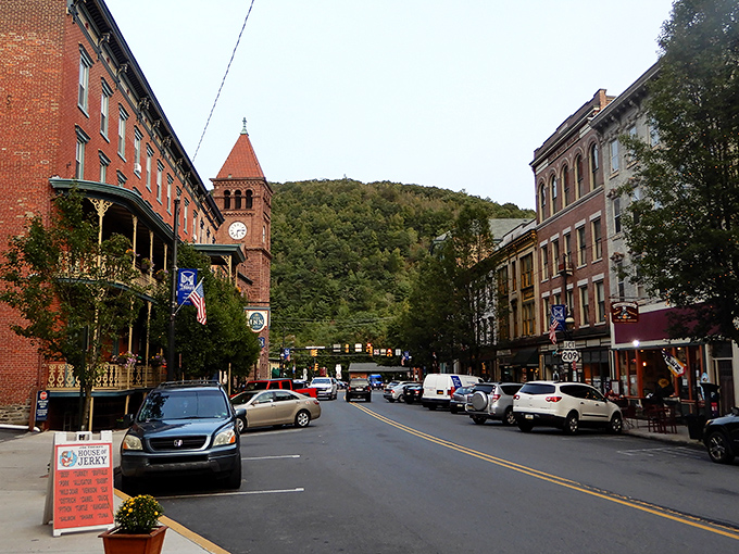 Jim Thorpe's main street climbs uphill like a Victorian postcard that decided to come alive.