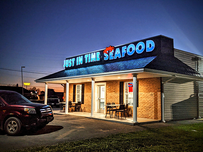 That neon blue glow isn't just decoration &ndash; it's a beacon calling seafood lovers home for dinner.