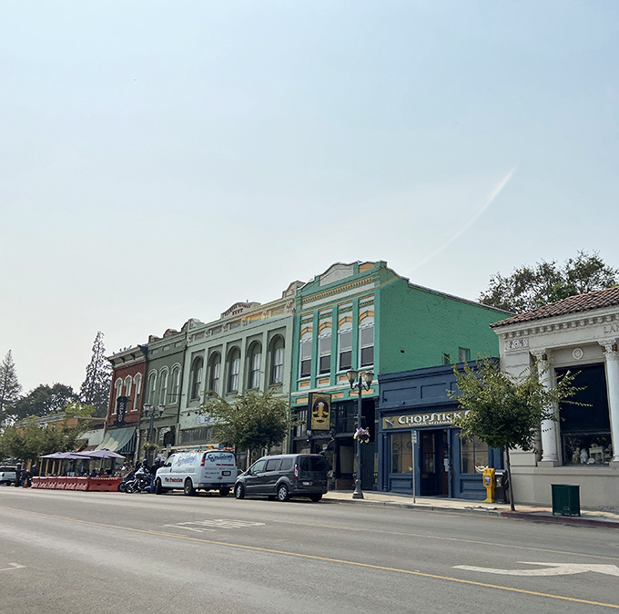 Historic downtown Lakeport shows off its colorful storefronts, like a small-town version of a Wes Anderson film set.