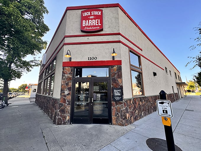 Lock Stock & Barrel's corner location in downtown Boise promises steakhouse magic behind that stone-trimmed entrance.