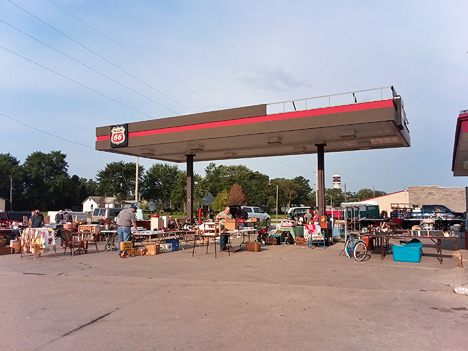 Nothing says "treasure hunting" quite like vendors spreading their wares under a classic Phillips 66 canopy.