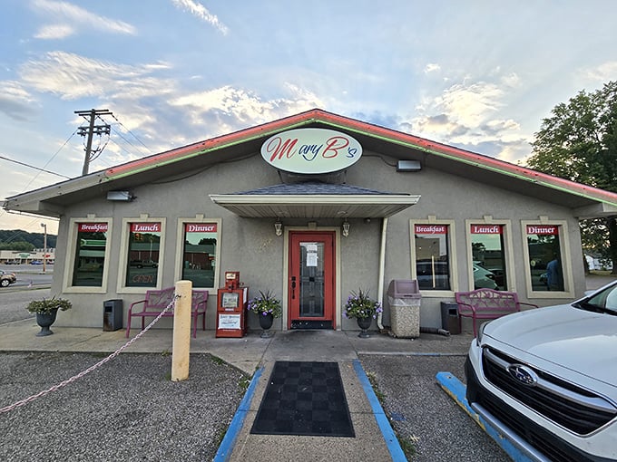 Mary B's welcoming exterior promises comfort food magic behind that cheerful red door.