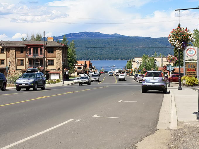 Main Street McCall stretches toward Payette Lake like a perfect postcard, complete with hanging flower baskets and mountain views.