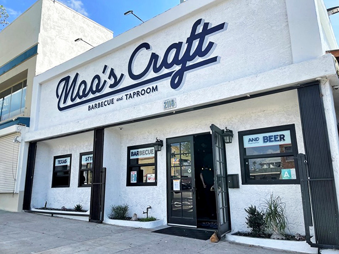Moo's Craft Barbecue stands proud in Los Angeles, its clean white facade promising Texas-style treasures within.