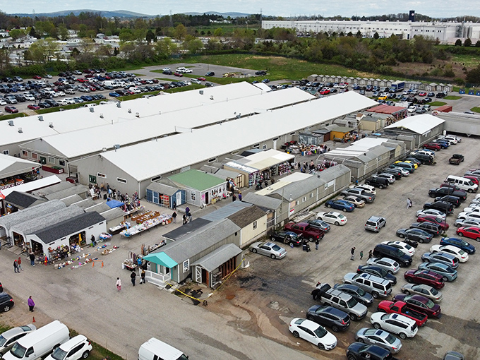 Aerial view of Morning Sun Marketplace reveals a treasure hunter's paradise. White buildings stretch across the landscape like a bargain-filled metropolis waiting to be explored.