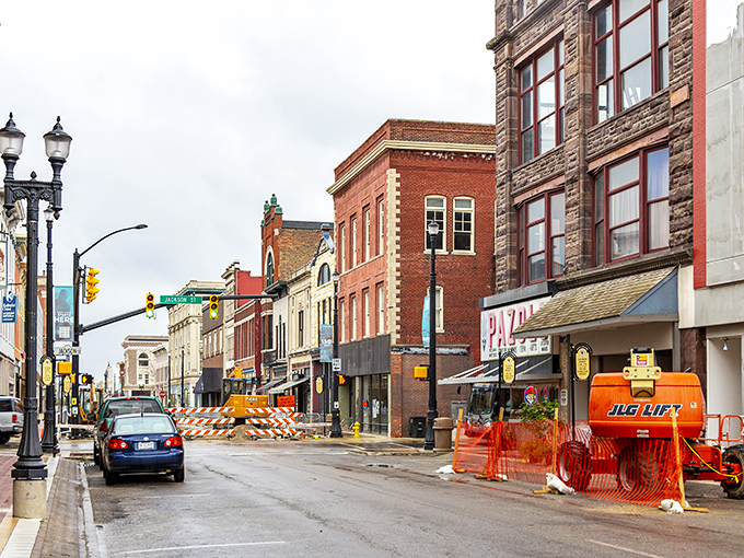 Downtown Muncie shows its working-class heart with brick buildings that have weathered decades of Indiana seasons beautifully.