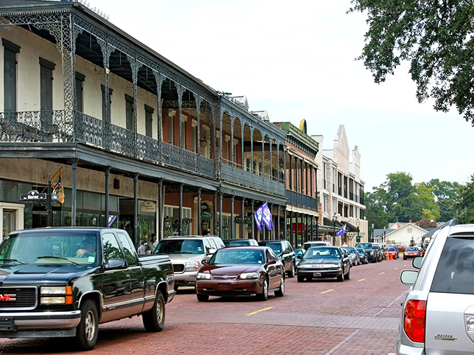 Historic Front Street beckons with iron balconies and brick charm that whispers tales of Louisiana's storied past.