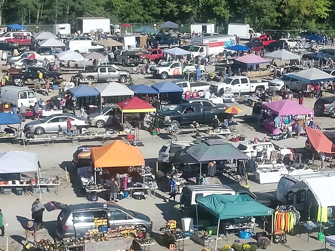 Aerial view reveals a treasure hunter's paradise where every colorful tent holds potential gold.
