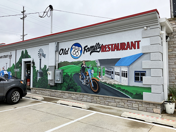 That mural practically screams "road trip adventure" - complete with motorcycle dreams and Route 66 nostalgia.
