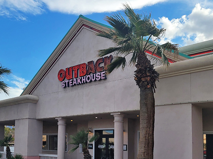 That familiar Outback logo under California palms feels like finding an old friend in paradise.