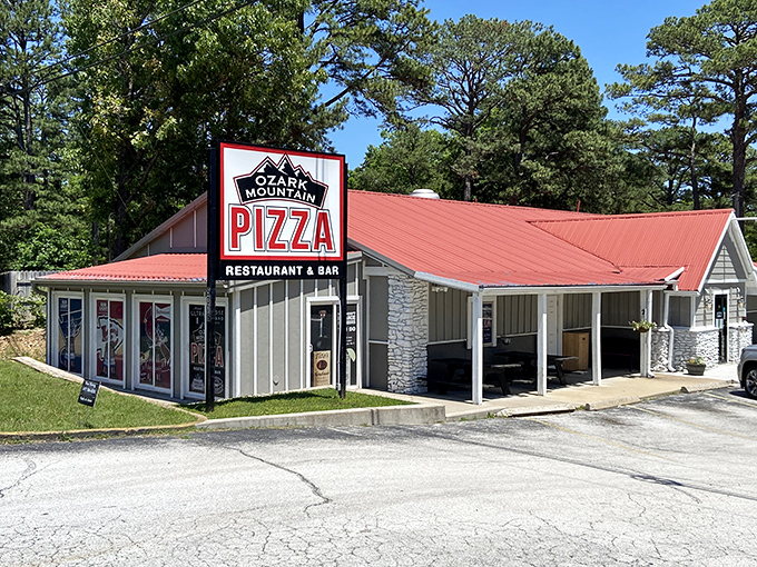That red roof beckons like a pizza lighthouse, guiding hungry souls to cheesy salvation in the Ozarks.