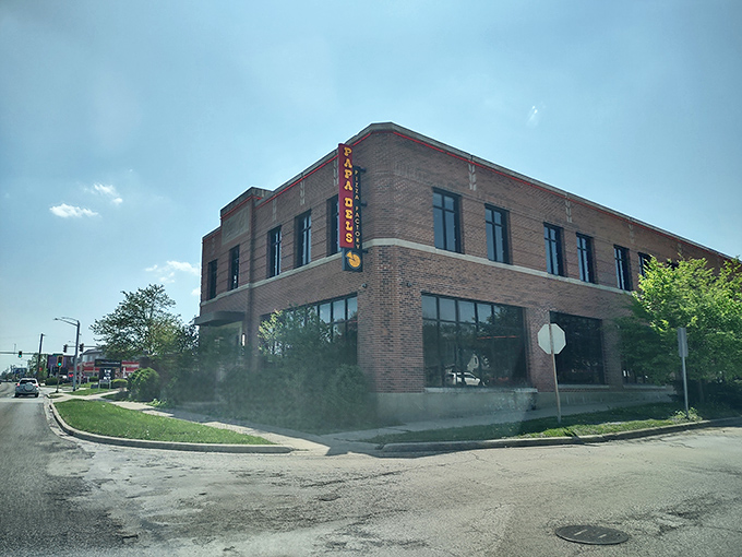 Papa Del's brick building stands like a pizza fortress, promising deep-dish treasures within its walls.