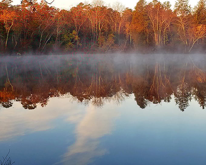 Morning mist rises from Parvin Lake like nature's own coffee steam, promising perfect tranquility ahead.