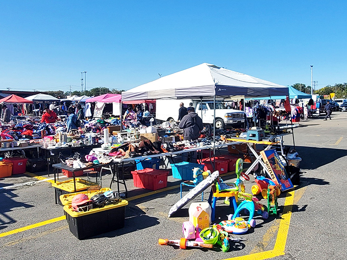 Vendor tables overflow with colorful treasures under sunny skies, creating the perfect weekend treasure hunt atmosphere.