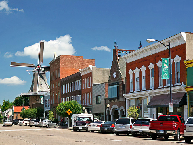 Holland meets Iowa in this picture-perfect town square, where that iconic windmill stands like a friendly giant welcoming visitors home.
