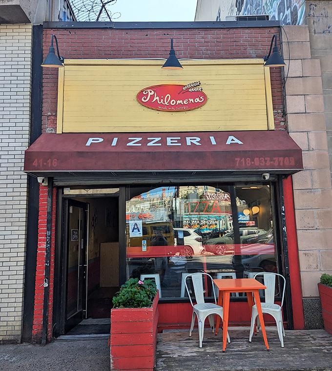 The cheerful yellow and red storefront of Philomena's beckons like an old friend. Simple, welcoming, and promising pizza perfection inside.