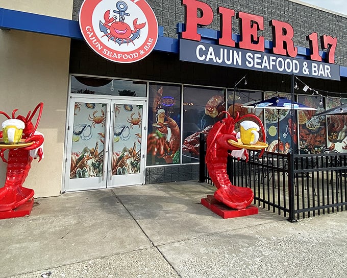 Giant red crawfish guards welcome you to Pier 17, where Cajun flavors are serious business but the atmosphere is anything but!