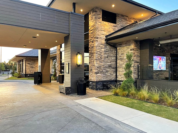 The modern exterior of Ranch Steakhouse in Norman belies the old-school flavor waiting inside. Stone and style with substance to match.