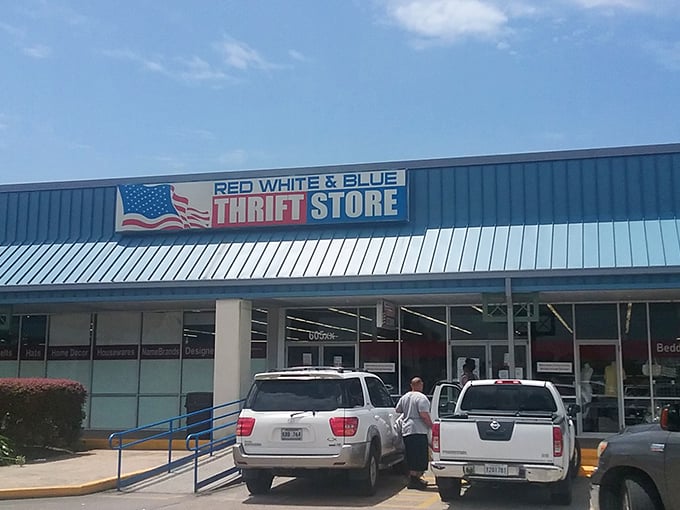 The patriotic facade of Red White & Blue beckons like a siren call to bargain hunters. Stars, stripes, and savings await inside!