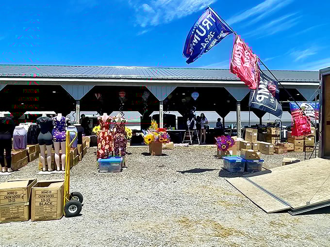 Bargain hunters' paradise! Rogers Flea Market's outdoor pavilion buzzes with activity under the bright Ohio sky.
