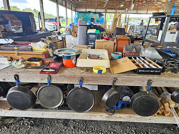 Cast iron paradise! These vintage skillets hanging at Route 19 Flea Market could tell more stories than a country radio station.
