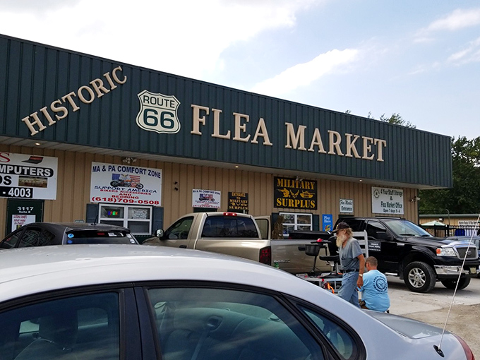 The iconic blue facade of Route 66 Flea Market beckons treasure hunters with promises of nostalgic finds along America's most famous highway.