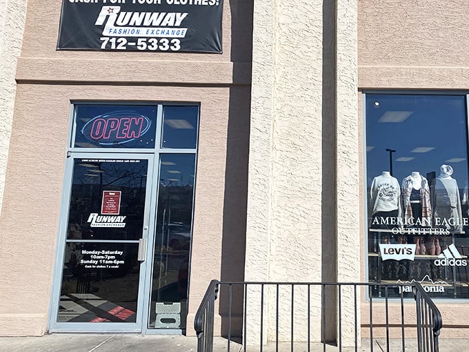 The entrance to bargain paradise! Runway Fashion Exchange's storefront promises brand-name treasures without the brand-name prices.