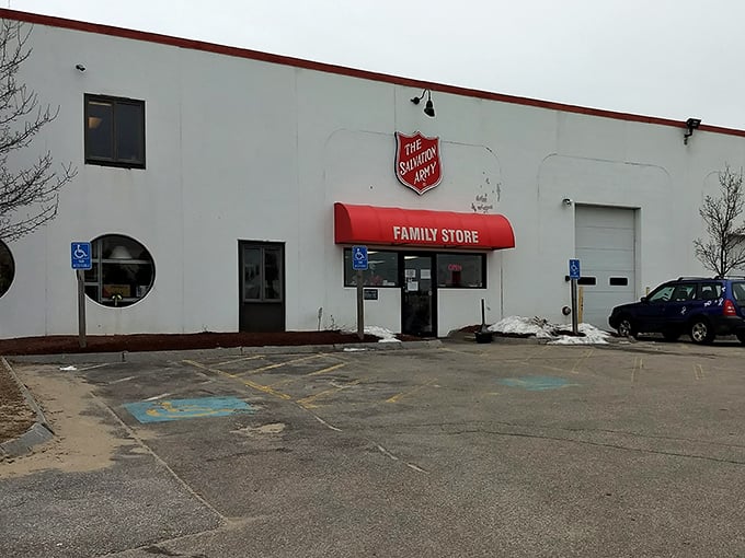 The Salvation Army Family Store welcomes bargain hunters with its iconic red awning. Treasure hunting starts at this unassuming entrance!