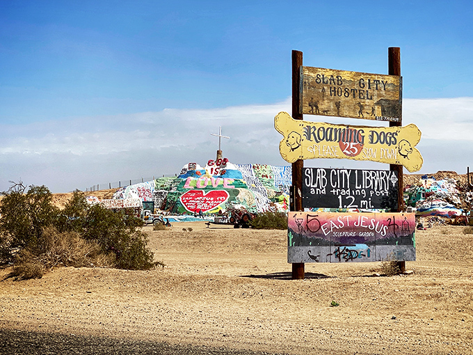 Colorful signs point the way to Salvation Mountain, where the desert blooms with messages of love and hope.