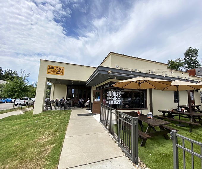 Sam Jones BBQ's modern exterior invites you in with the promise of traditional whole-hog goodness in a contemporary setting.