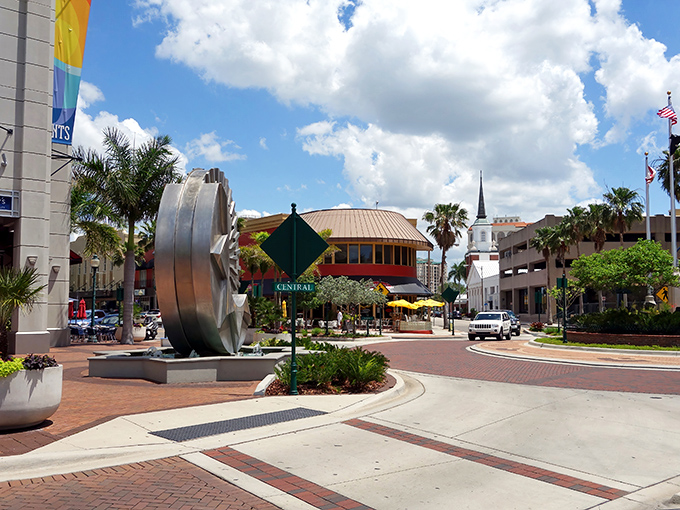 Downtown Sarasota's artistic flair shines with palm trees and modern sculpture, where culture meets Florida sunshine.