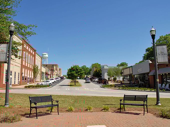Senoia's Main Street looks like a movie set because, well, it actually is! Those benches are perfect for people-watching.