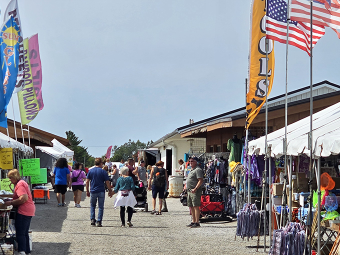 Treasure hunters navigate the bustling aisles of Shipshewana, where American flags wave over a sea of potential discoveries.