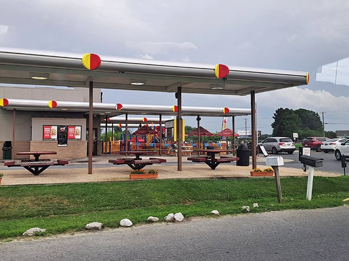 Classic drive-in vibes meet modern convenience at this Bridgeville roadside gem with covered seating.