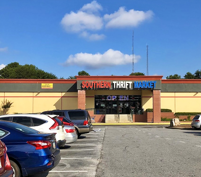 Southern Thrift Market's massive storefront promises treasure hunting adventures that would make Indiana Jones jealous.